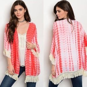 Sweaters | Tie Dye Coral Kimono Cardigan Fringe New | Poshmark
